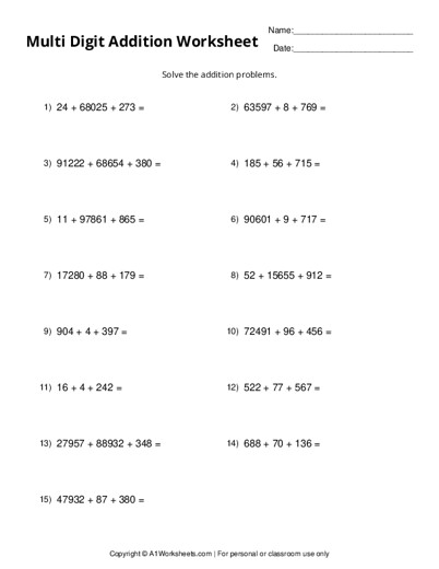 Multi Digit Addition Worksheets