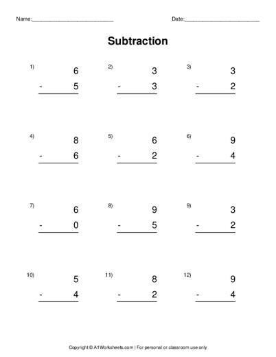 Single Digit Subtraction Worksheets Generator